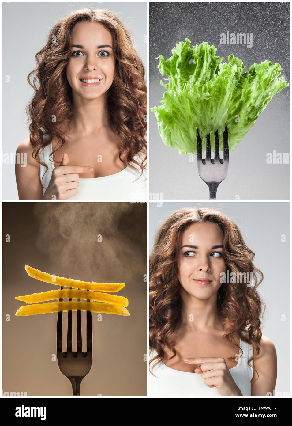 The collage of young beautiful woman with healthy and harmful meal ...