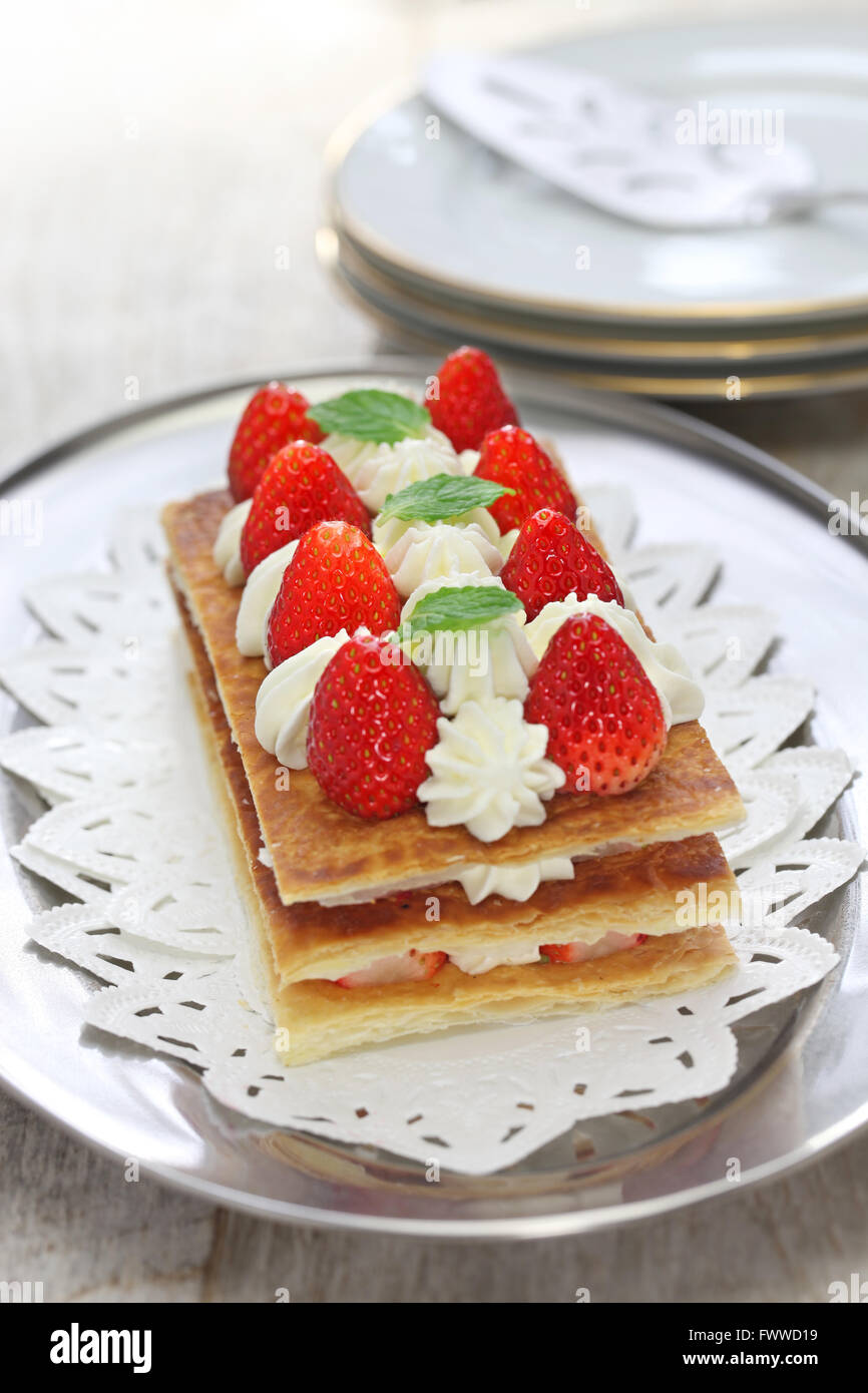homemade strawberry mille feuille, Napoleon pie, french pastry Stock ...