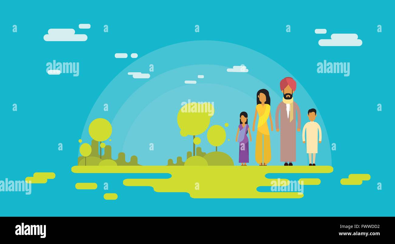 Indian Family Four People Parents Two Children Nature Stock Vector ...