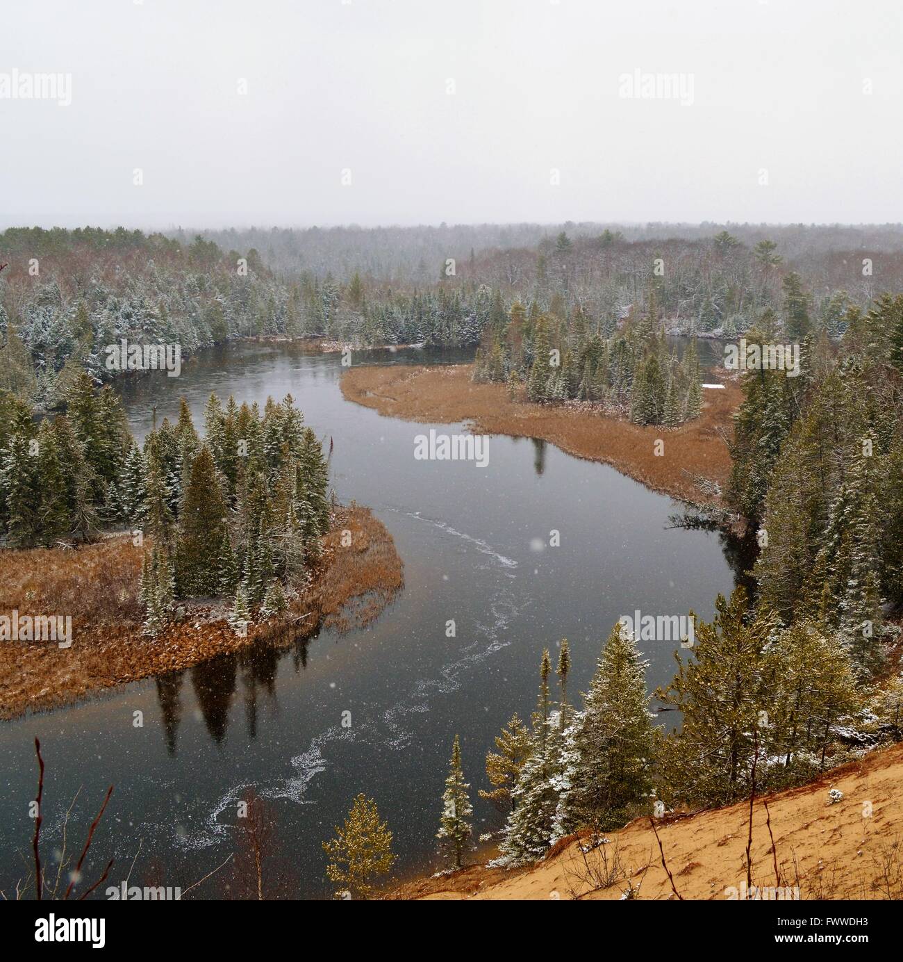 A winding view of the Ausable river from the high banks in the early ...