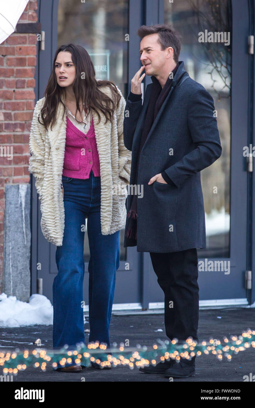 Keira Knightley and Edward Norton on the set of 'Collateral Beauty' in Brooklyn Featuring: Keira ...