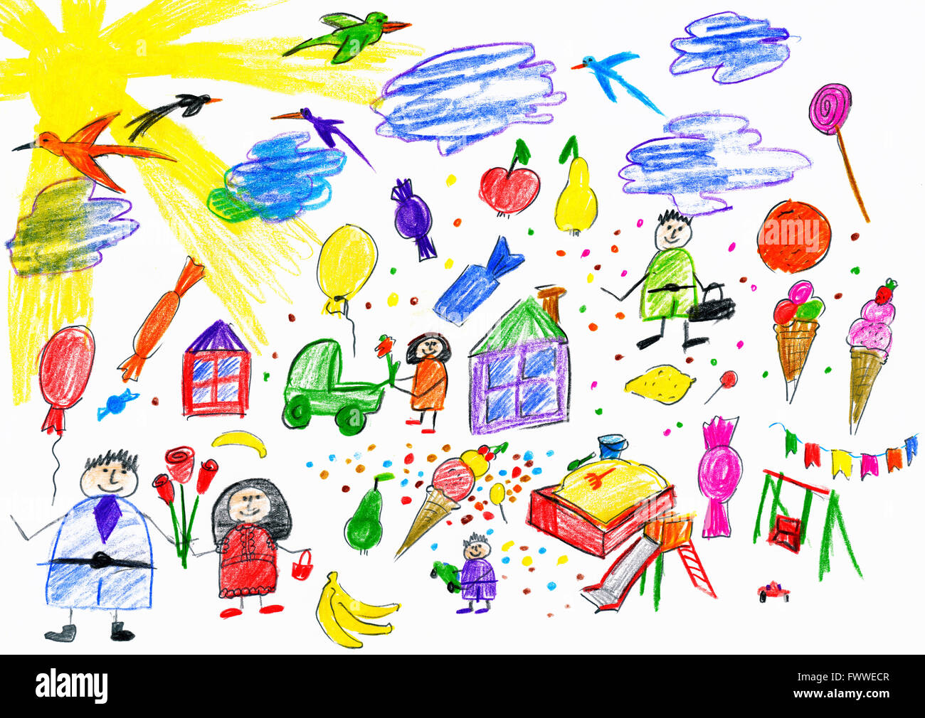 cartoon people and funny toy collection, children drawing object on ...