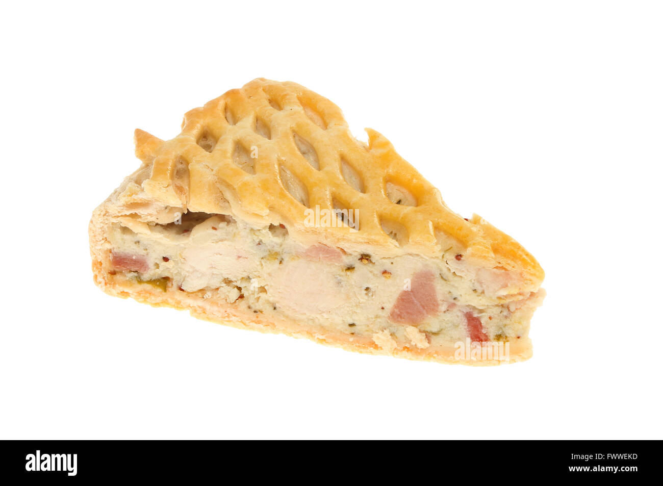 Slice of chicken and ham lattice pie isolated against white Stock Photo ...