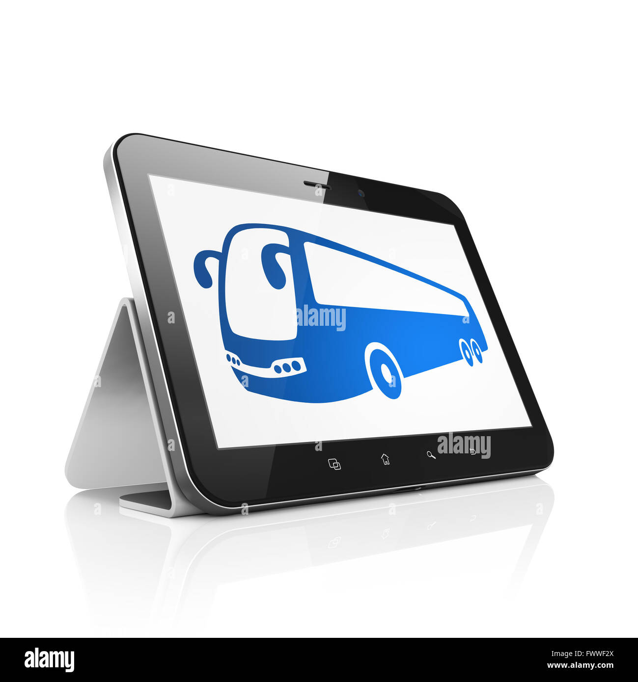 Vacation concept: Tablet Computer with Bus on display Stock Photo - Alamy