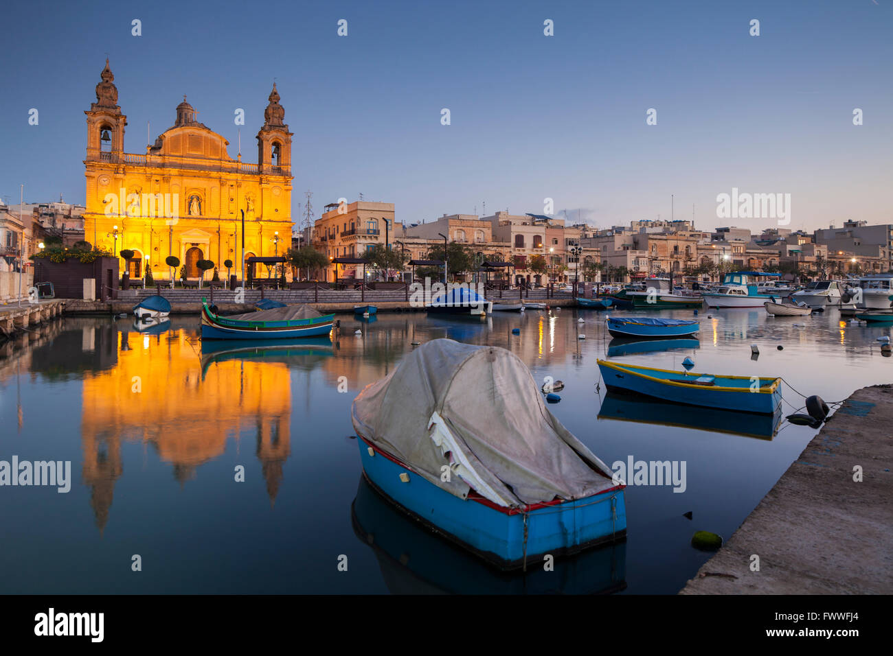 Dawn Msida Yacht Marina, Malta. Msida parish church Stock Photo - Alamy