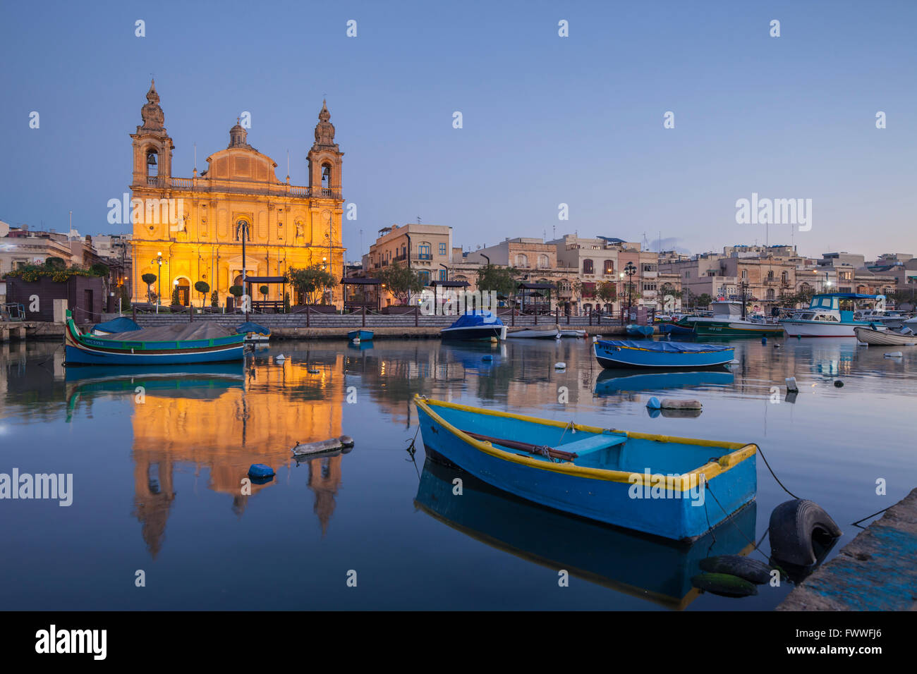 Dawn at Msida Yacht Marina, Malta. Msida parish church Stock Photo - Alamy