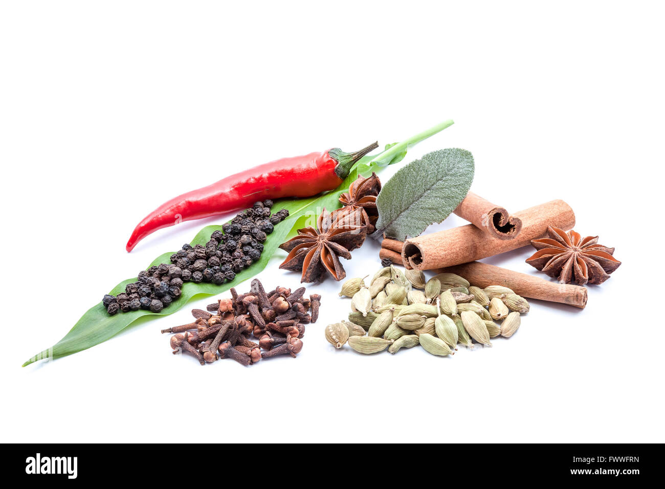 On an white background is there Anise star and cardamom Stock Photo - Alamy