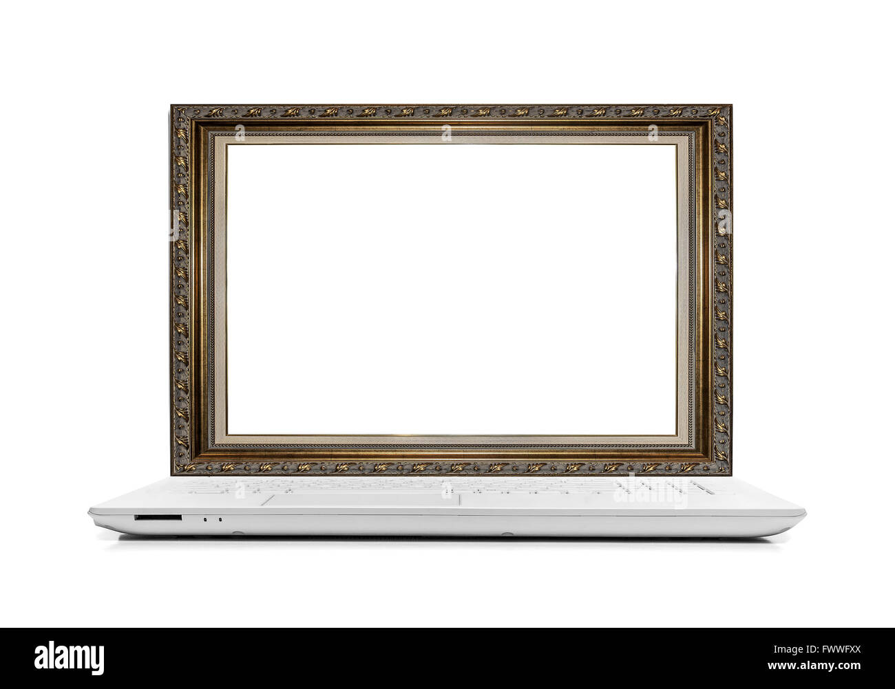 Laptop with a frame for the picture instead of the monitor. On a white ...