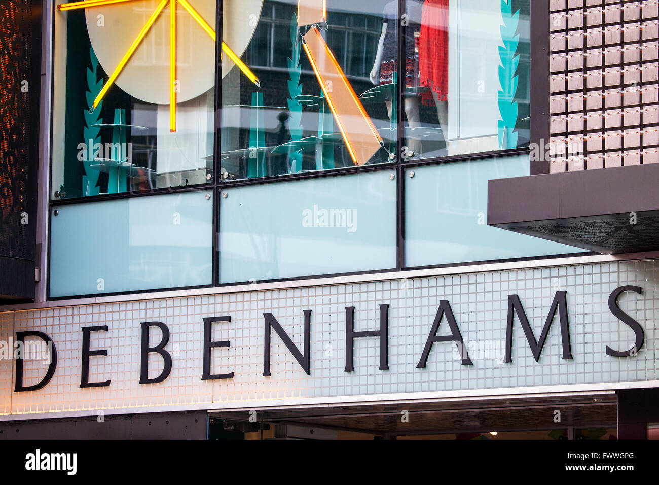LONDON, UK - APRIL 7TH 2016: The logo on the exterior of the Debenhams ...