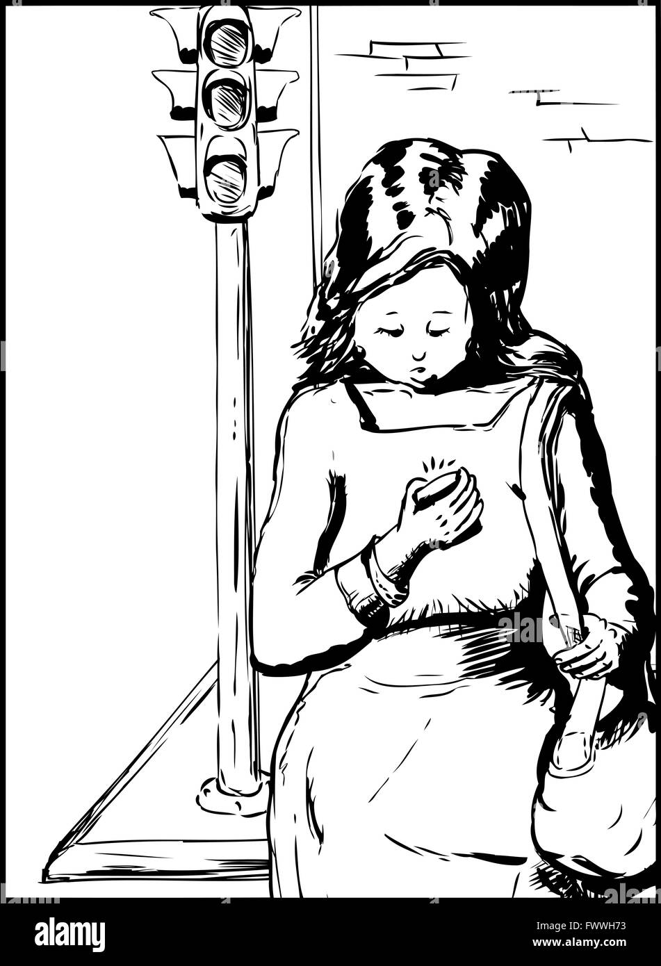 Outline of reckless person crossing street while looking down at phone ...