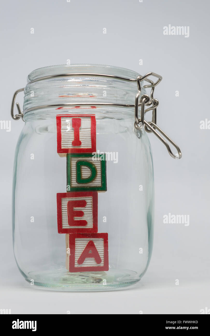 Wooden block IDEA word in the glass bottle with white background in ...