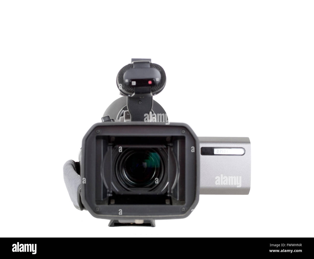 Video camera with lens hood and lens pointing forward Stock Photo - Alamy