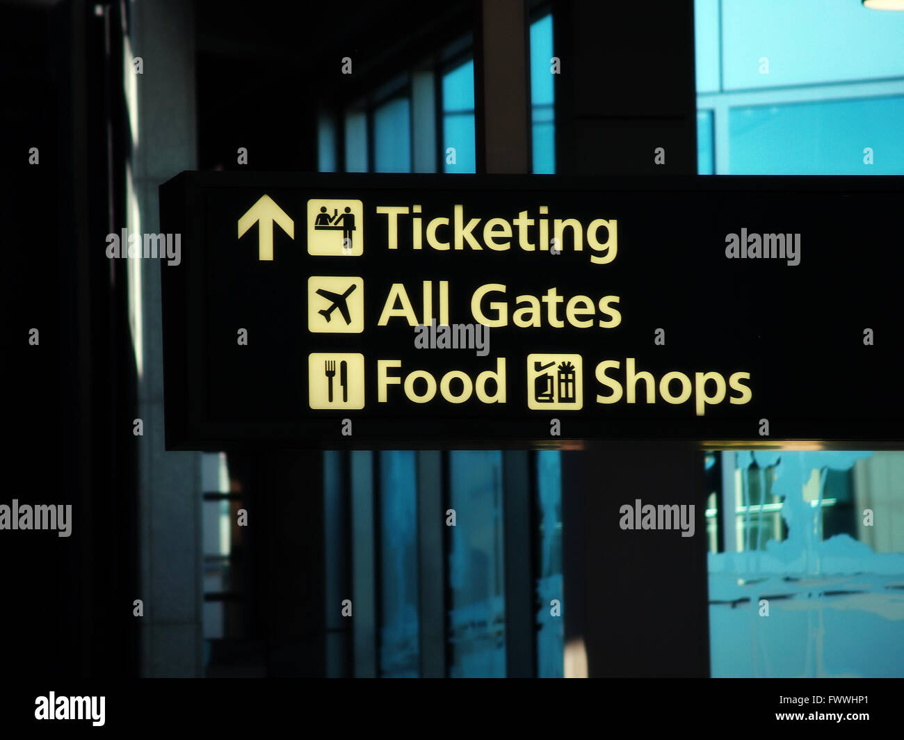 Direction Sign Inside Airport Ticketing Gates Food Shops Stock Photo ...
