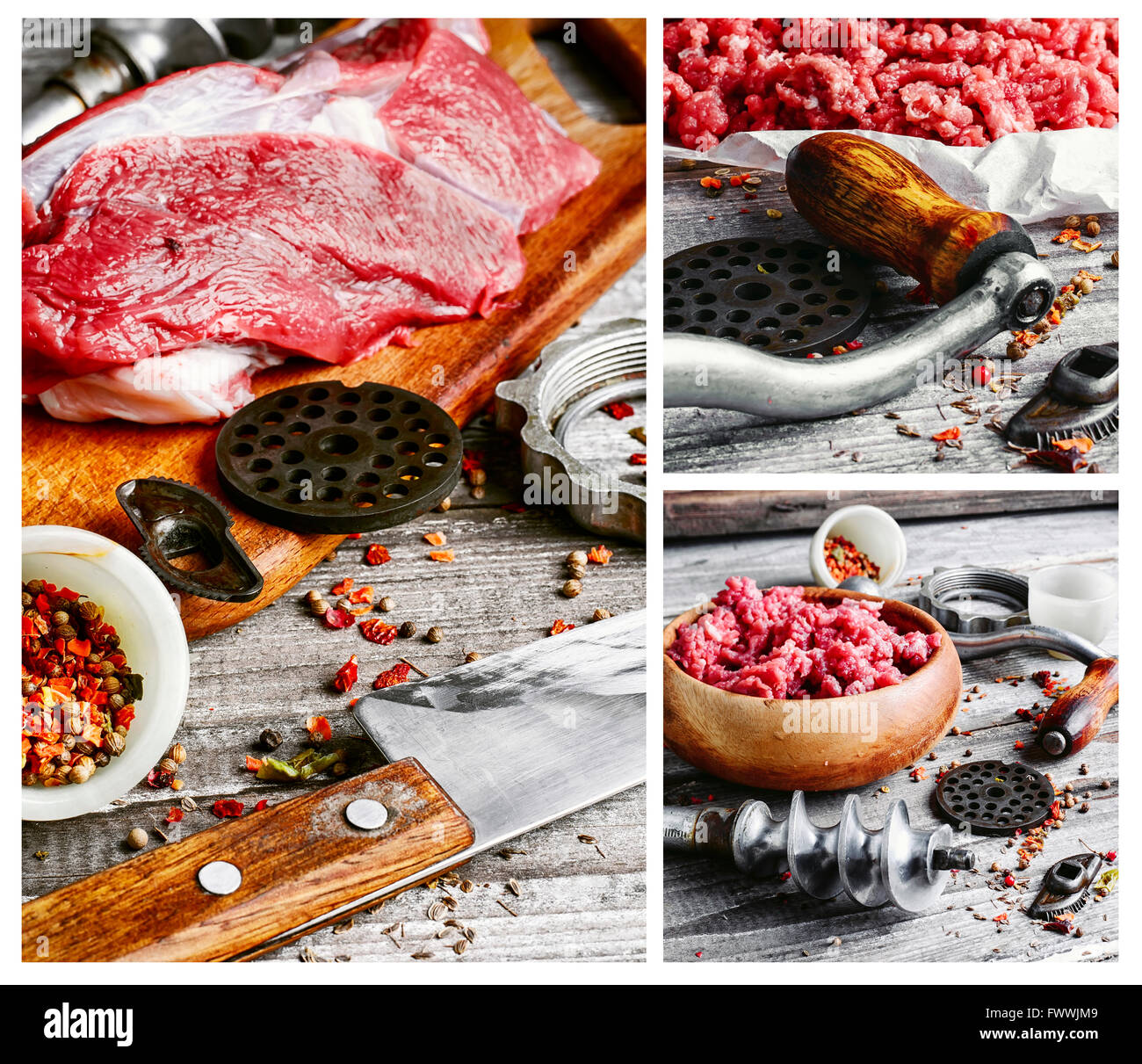 Collage with the stages of cooking of minced meat from beef Stock Photo ...