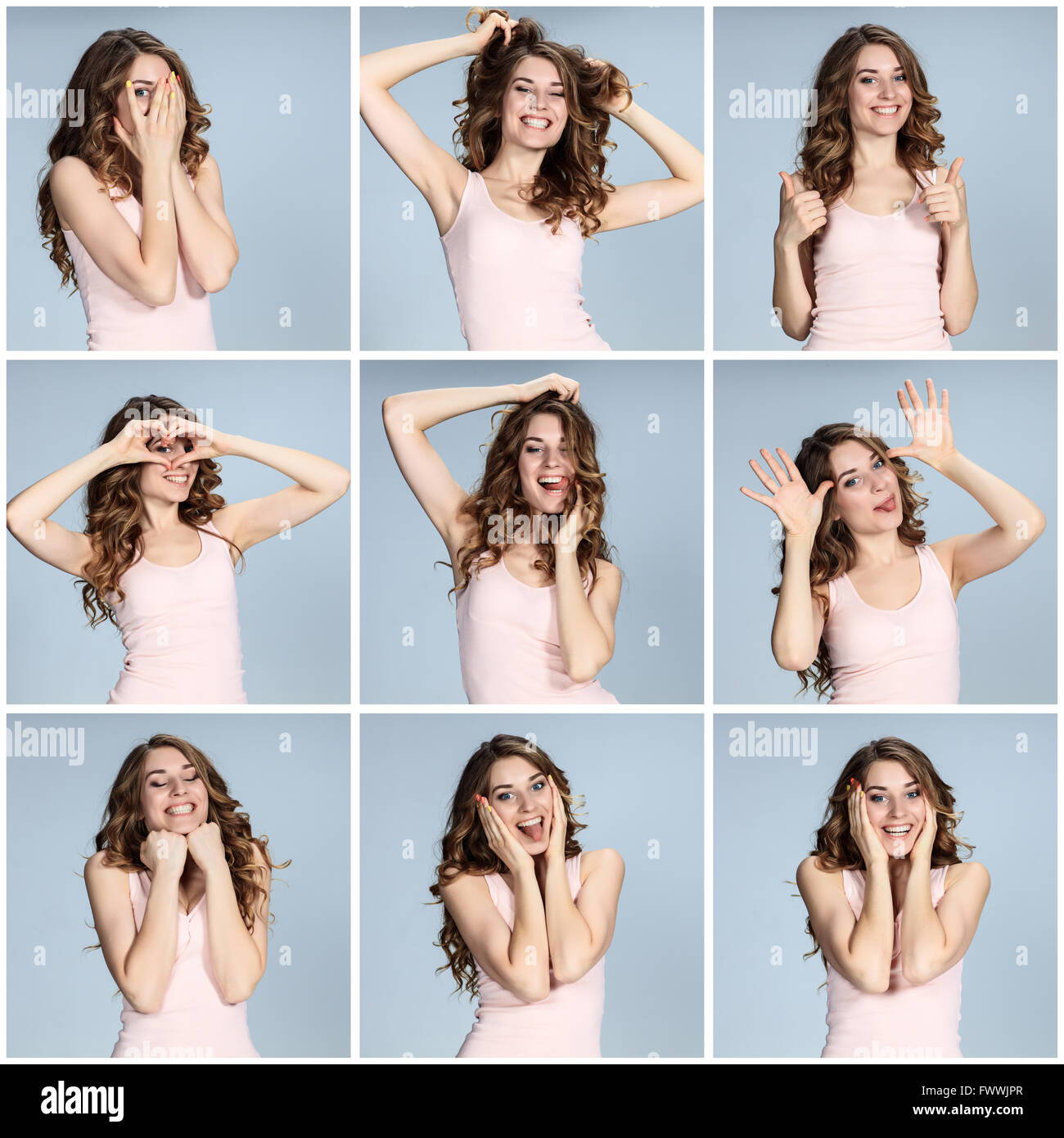 The collage of young woman's portraites with happy emotions Stock Photo ...