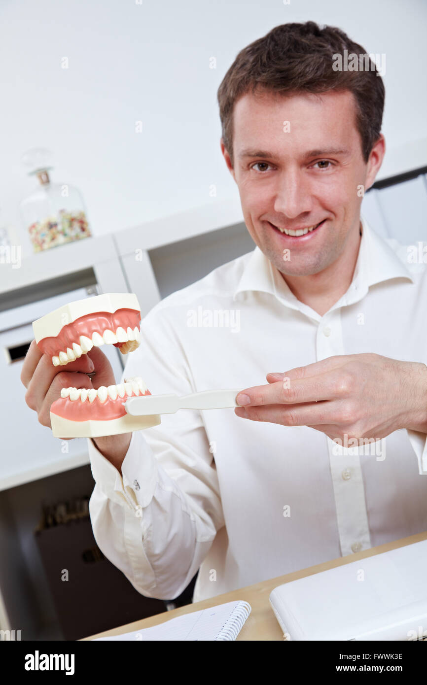 Smiling dentist in office offering tips for brushing teeth with ...