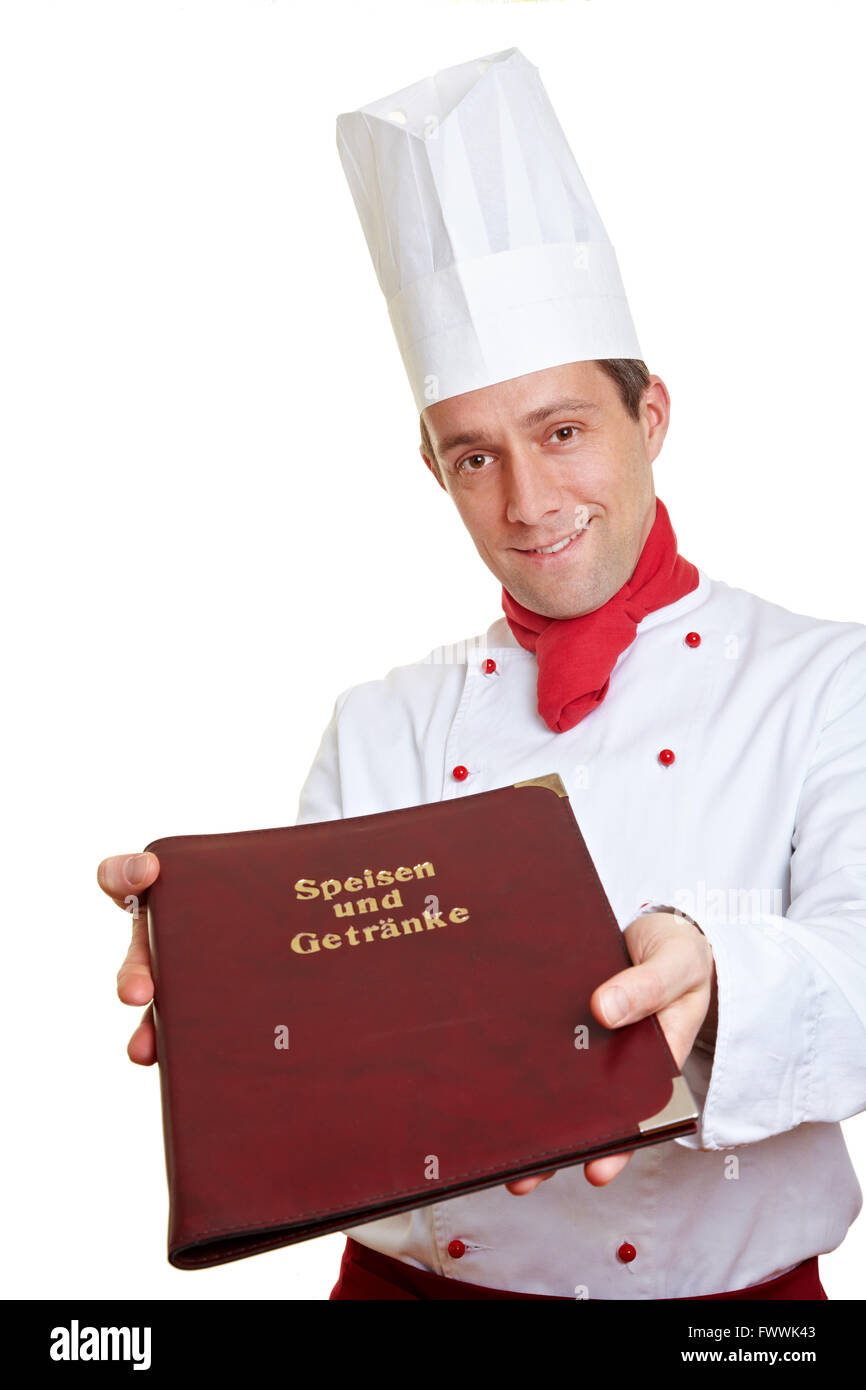 happy chef cook offering a menu card Stock Photo - Alamy