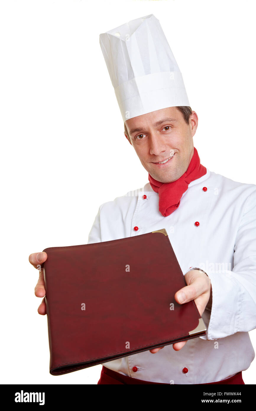 happy chef cook offering a menu card Stock Photo - Alamy