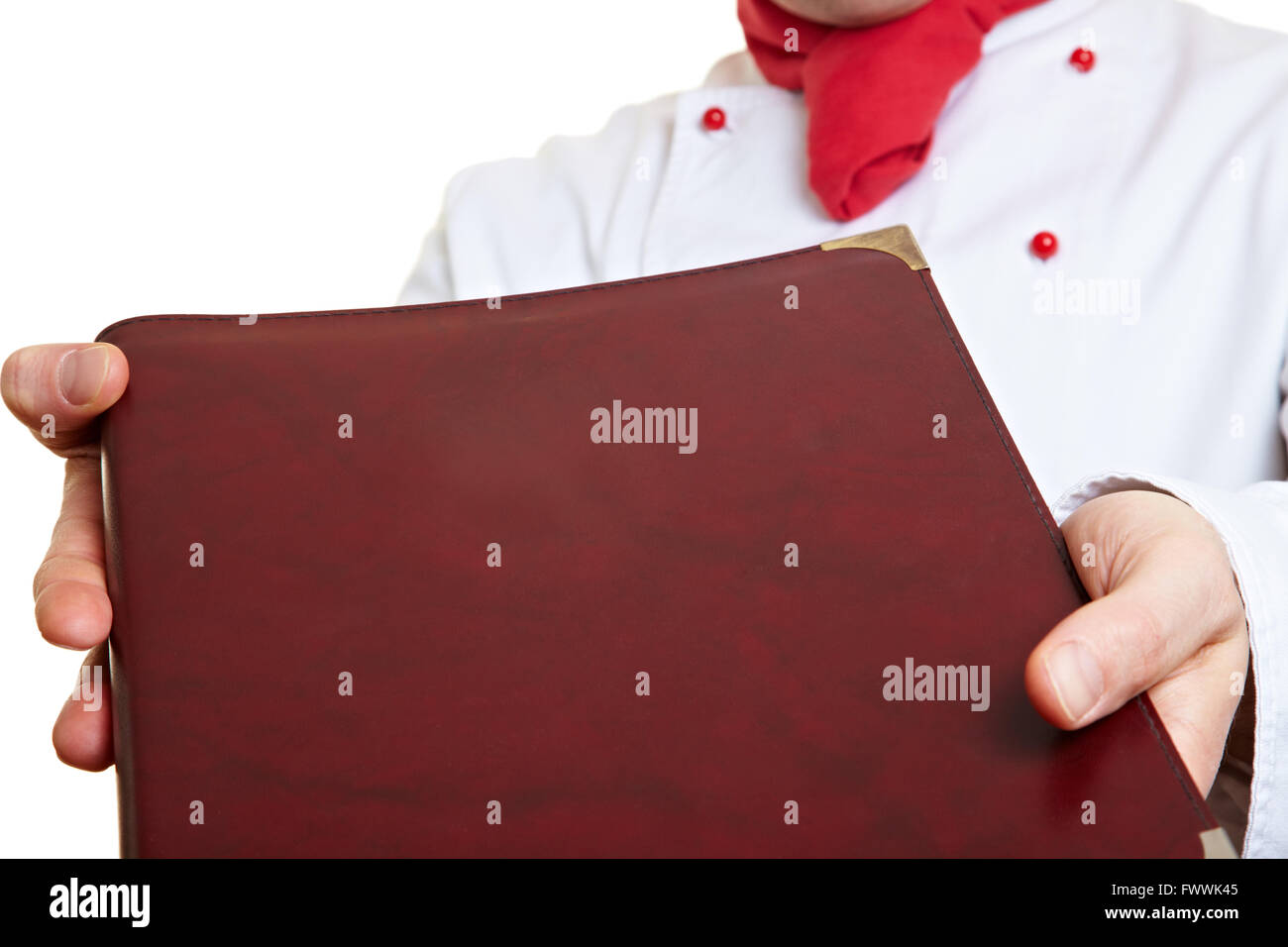 Hands of a chef cook holding menu card Stock Photo - Alamy