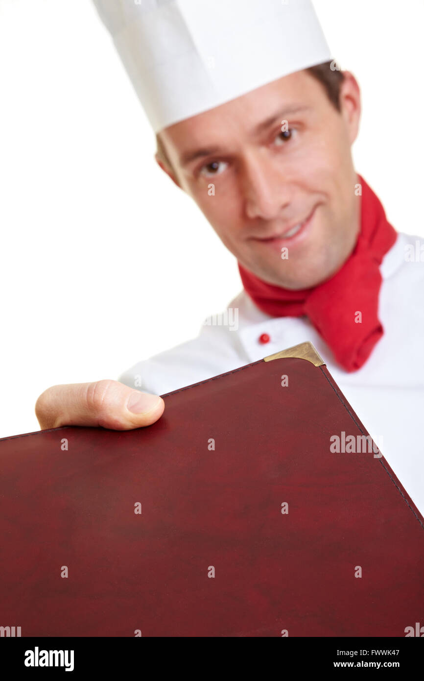 Smiling Chef cook bringing empty menu card Stock Photo - Alamy