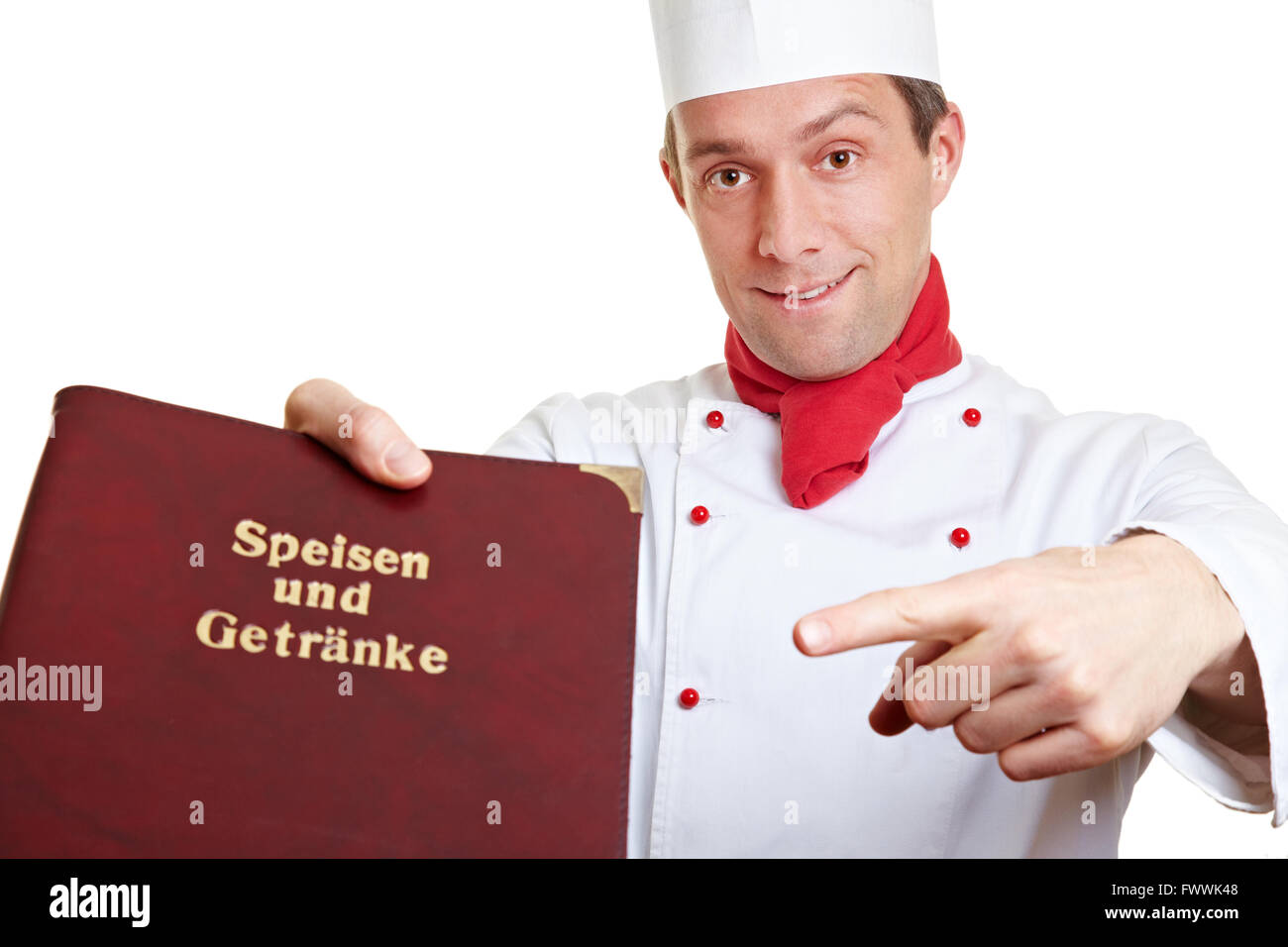 Chef cook recommending menu card with his index finger Stock Photo - Alamy