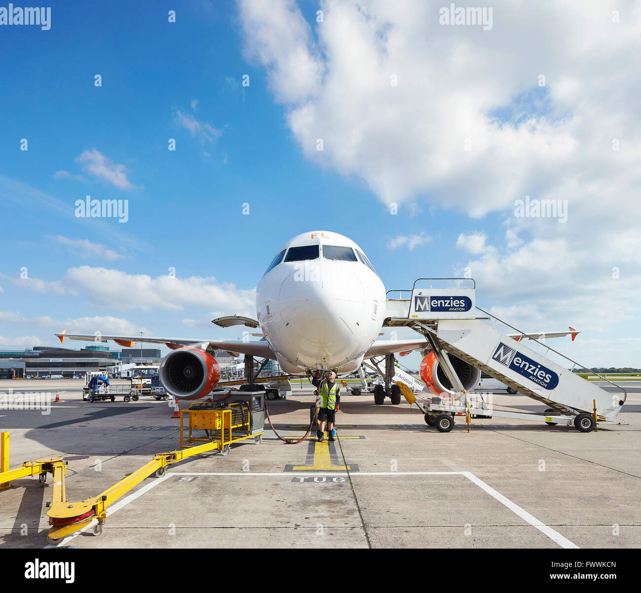 Re-fueling the aircraft. Manchester Airport, Manchester, United Kingdom ...