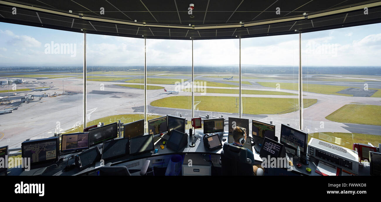 Panoramic view through airport control tower. Manchester Airport ...