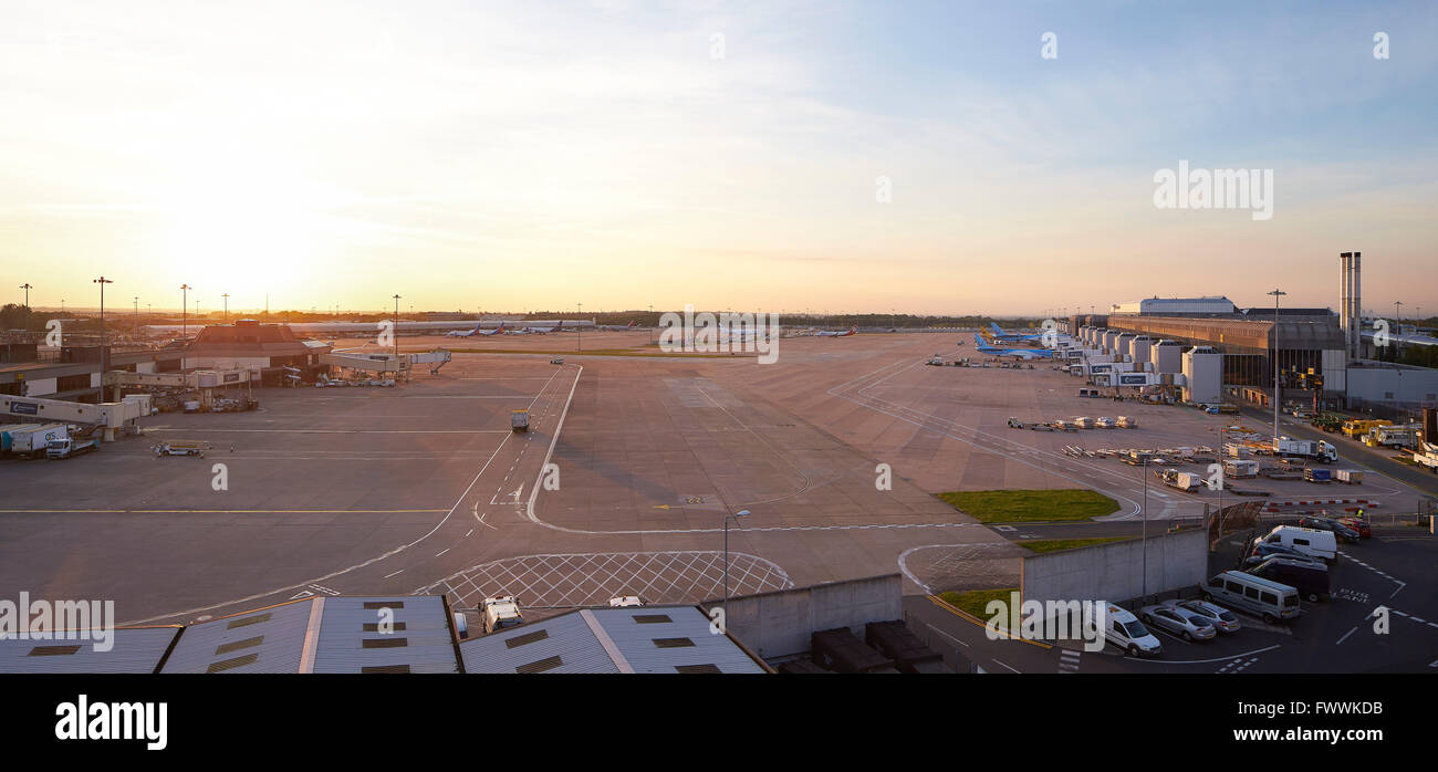 Panoramic elevation of airfield area at dawn. Manchester Airport ...