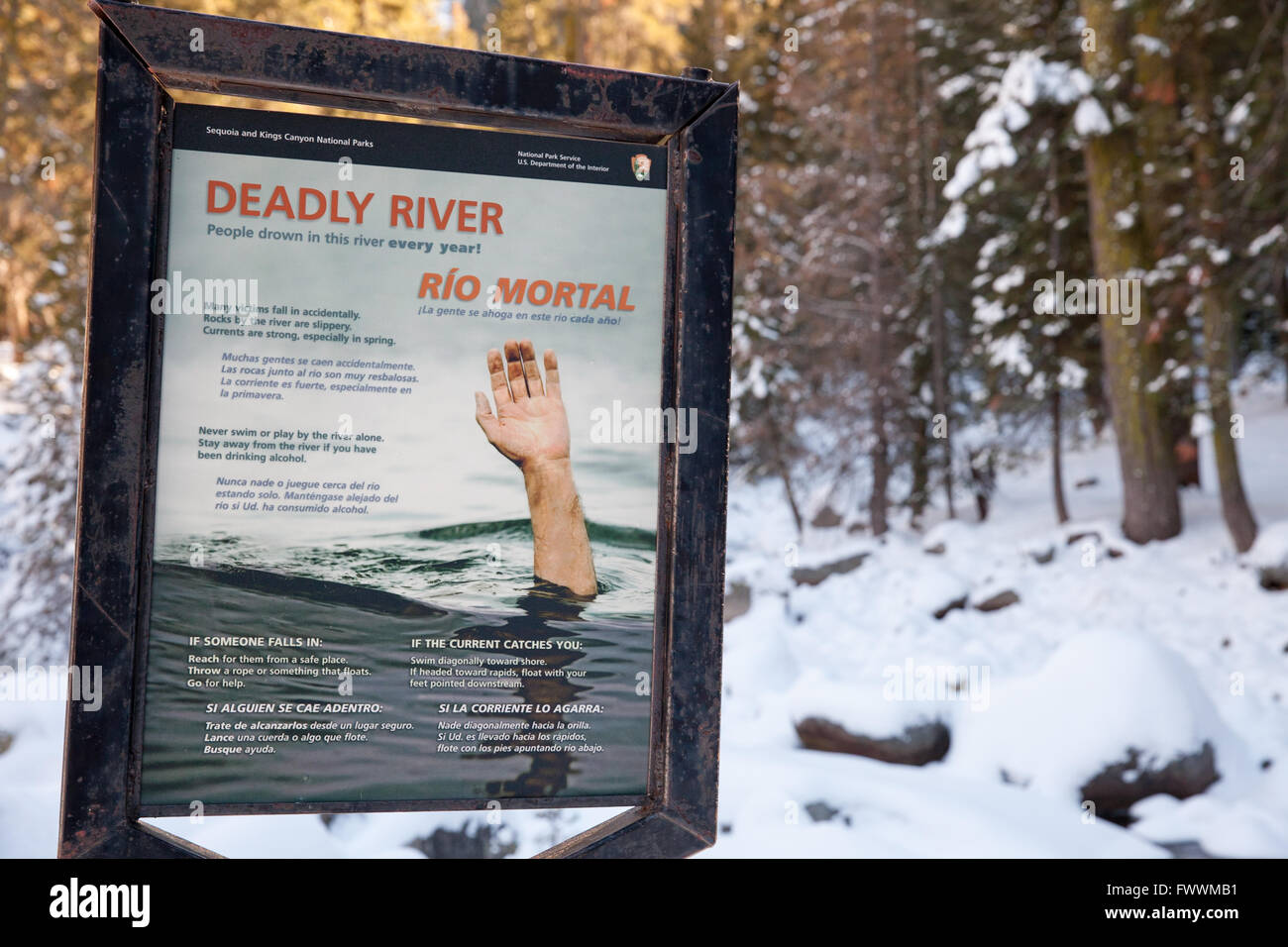 Warning sign for deadly river in Sequoia National Park, California, USA ...