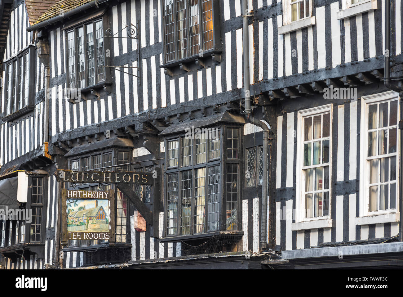 Old medieval England house, detail of typical medieval half-timbered ...