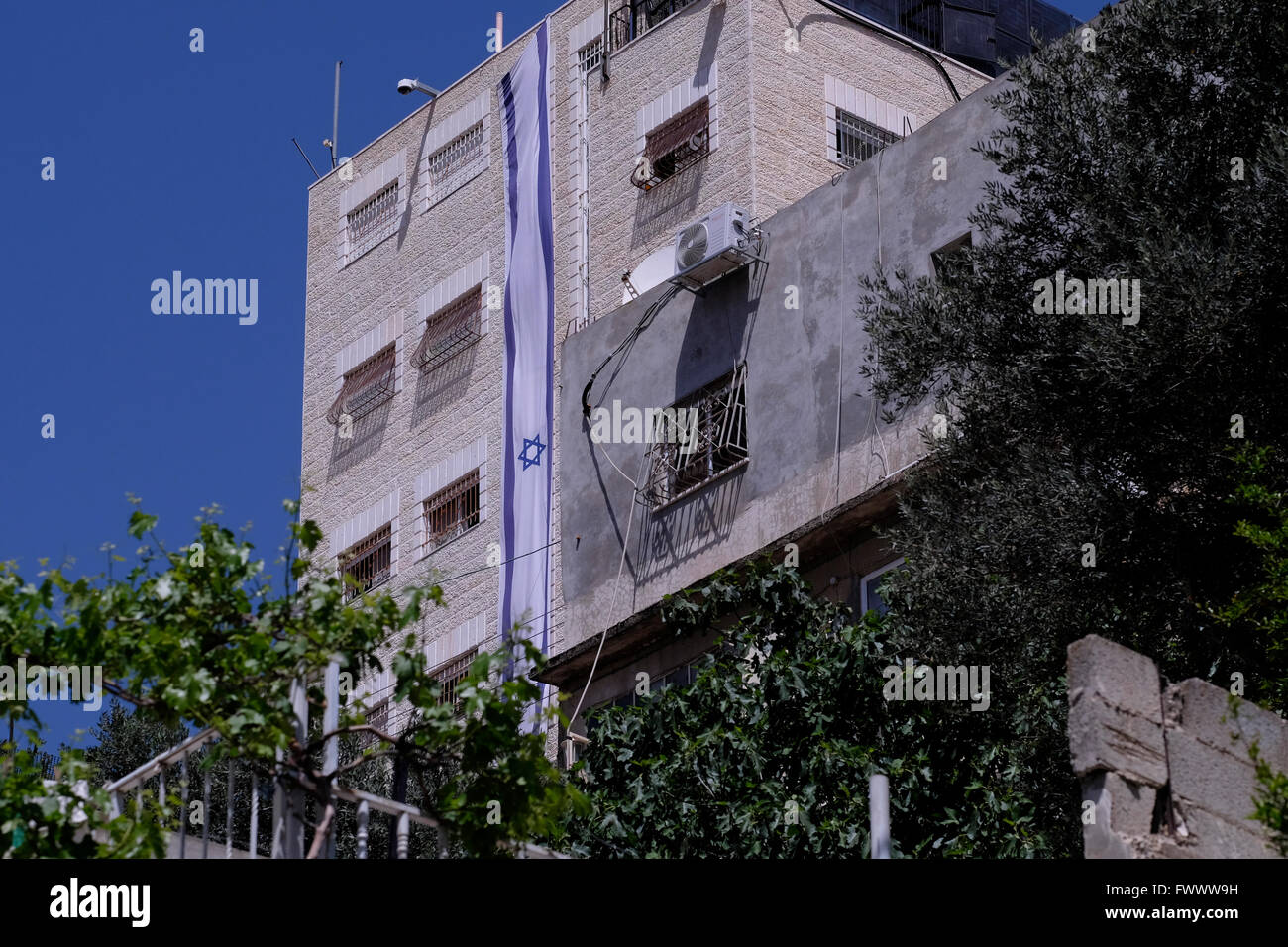 Jerusalem, Israel. 7th April, 2016. View of a building with the Israeli ...