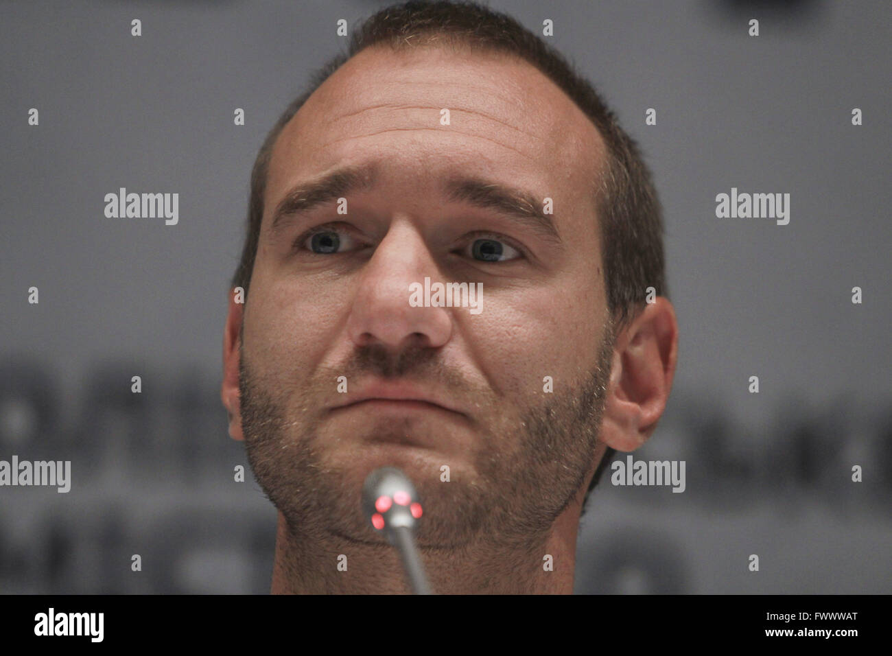 Kiev, Ukraine. 7th Apr, 2016. Nick Vujicic Vujcic made in NSK ''Olympic ...