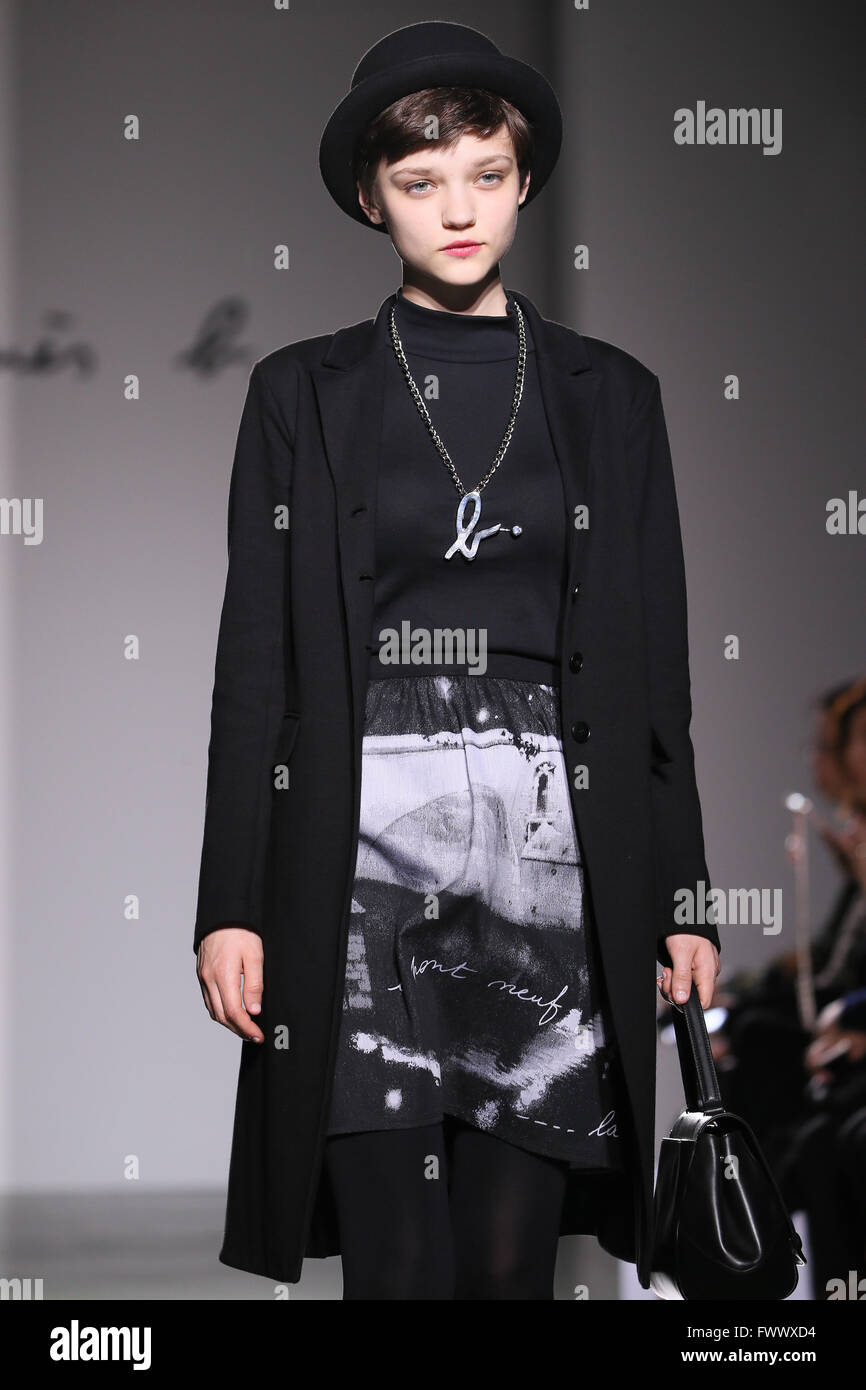 Tokyo, Japan. 7th Apr, 2016. A model displays creation of French brand ...