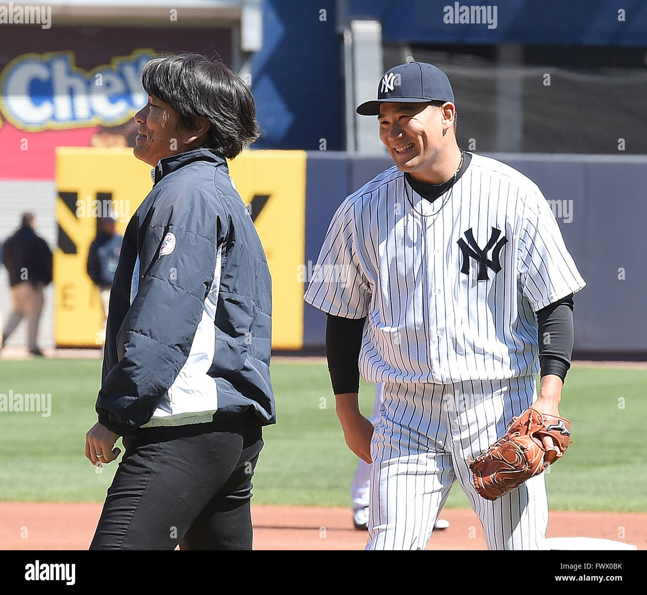 the Bronx, New York, USA. 5th Apr, 2016. (L-R) Hideki Matsui, Masahiro Tanaka (Yankees), APRIL 5 ...