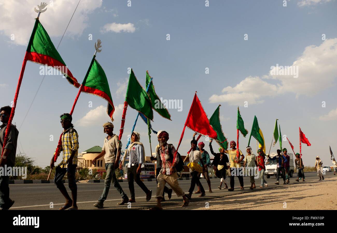 Sufi Muslim pilgrims carry flags as they march towards the Ajmer shrine ...