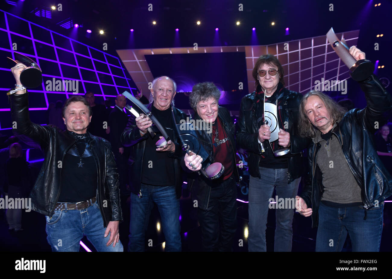 Berlin, Germany. 7th Apr, 2016. The members of the band Puhdys with ...