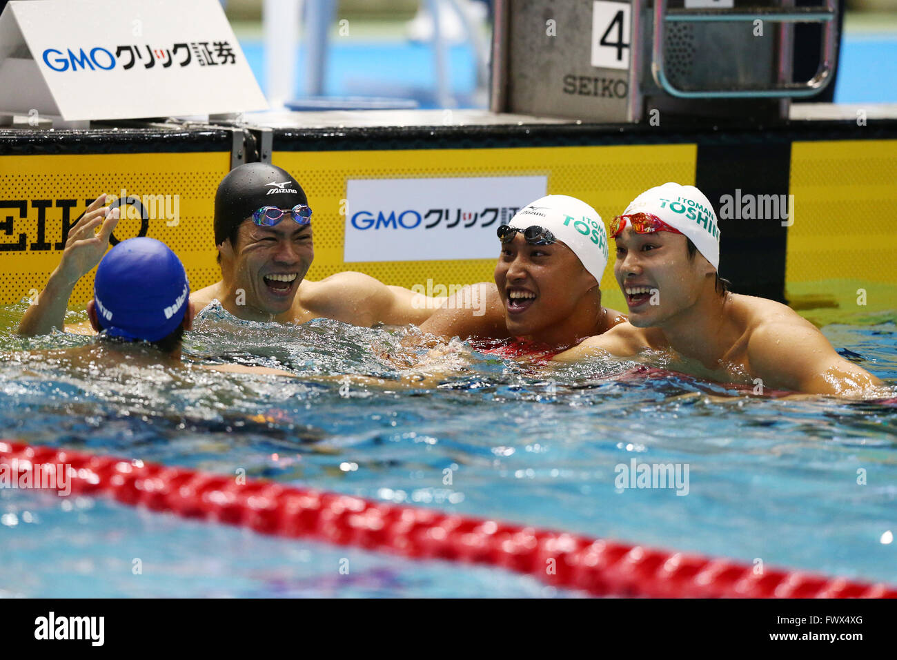Tokyo, Japan. 8th Apr, 2016. (L-R) Junya Koga, Kenji Kobase, Shinri ...