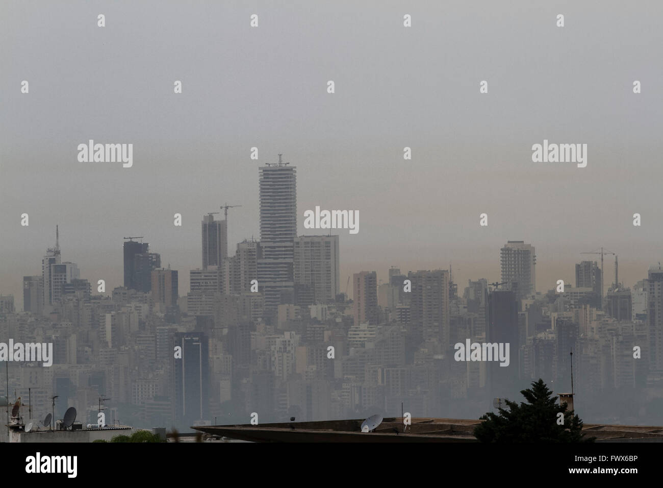Beirut,Lebanon. 8th April 2016. Beirut skyline chokes under a heavy ...