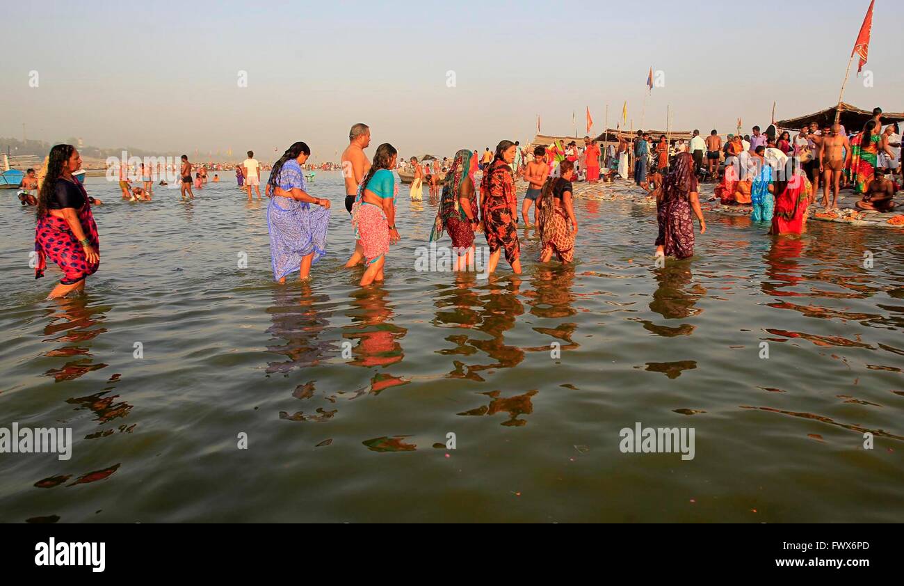 Allahabad, India. 08th Apr, 2016. Hindu devotees takes holy dip in the ...