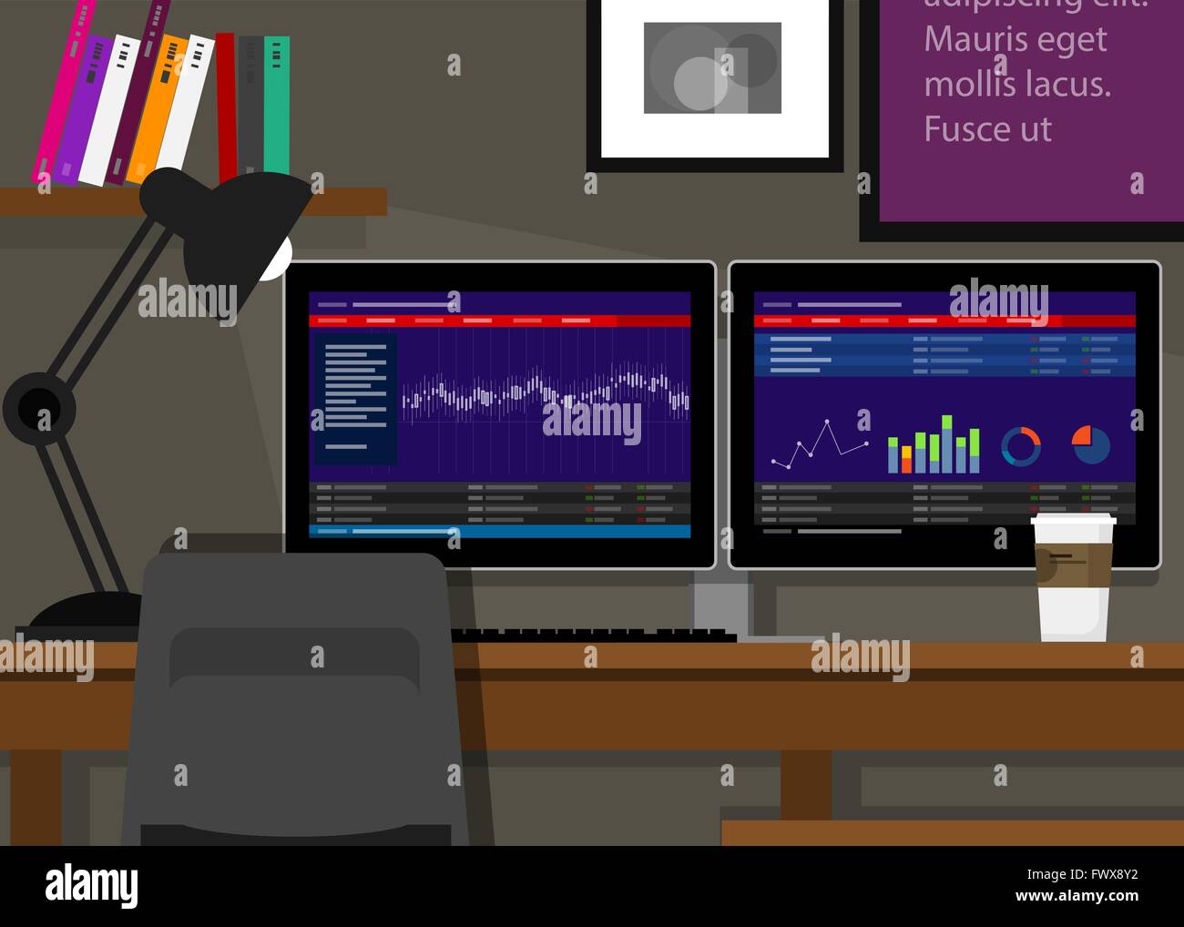 dual two monitor stock transaction terminal desk Stock Vector Image ...