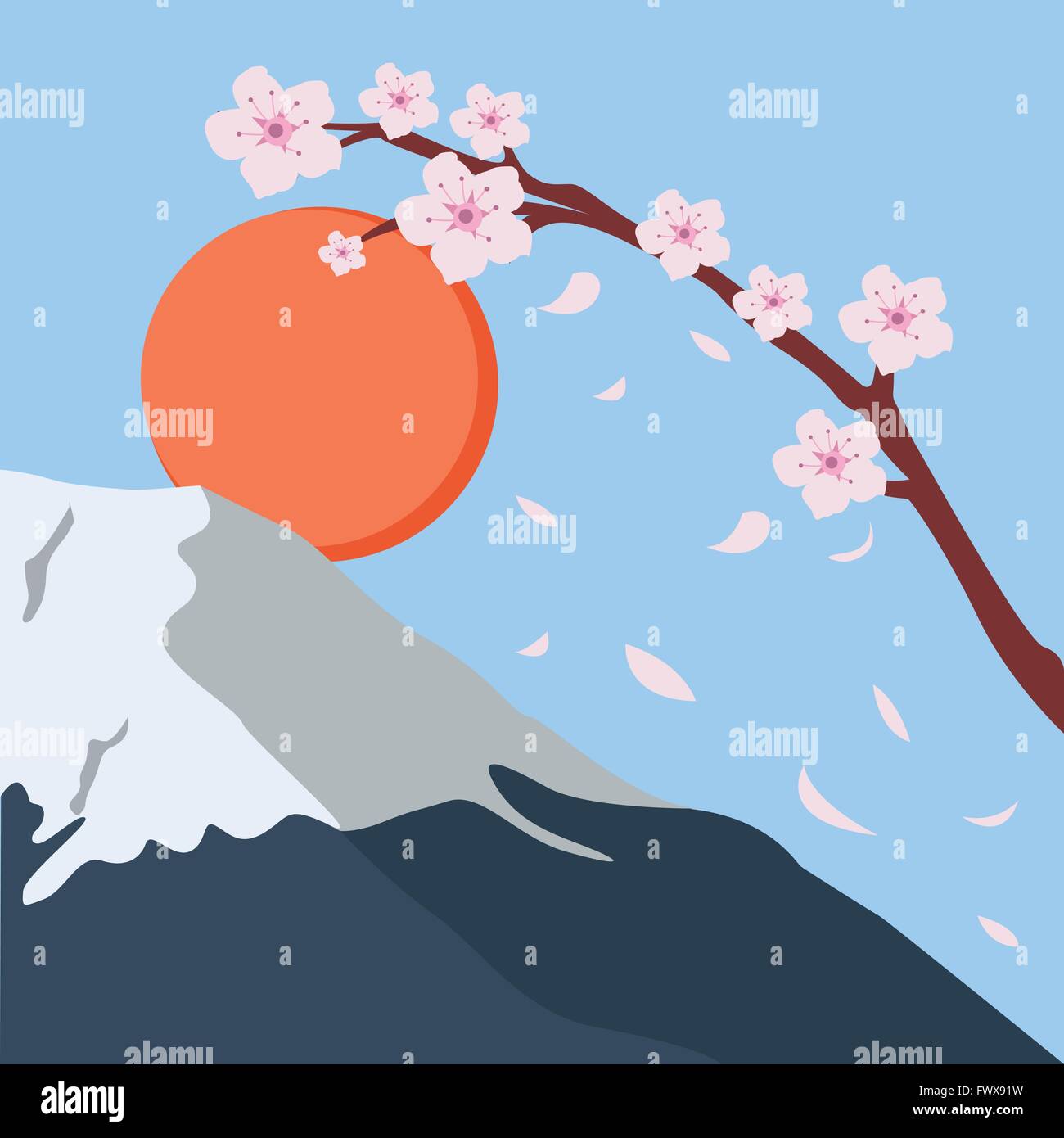 snowy mountain fuji sakura flower fall japan sun Stock Vector Image ...