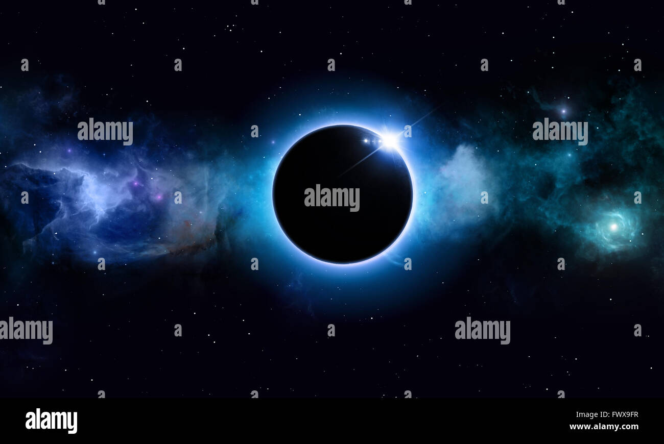 imaginary solar eclipse deep space blue background Stock Photo - Alamy