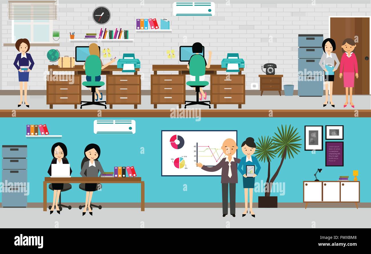 people working at office in flat vector illustration busy teamwork desk ...