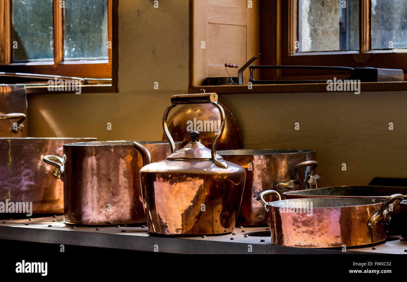 Some of the cooking kitchen utensils in Penrhyn Castle Stock Photo - Alamy