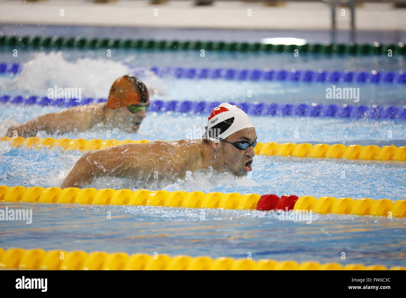 Hamdan Sports Complex, Dubai, U.A.E. 7th April, 2016. Swimmer competes ...