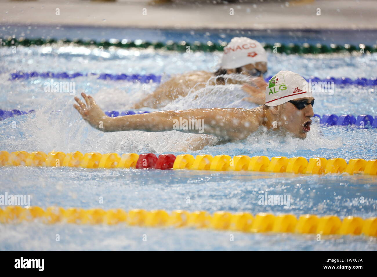 Hamdan Sports Complex, Dubai, U.A.E. 7th April, 2016. Swimmer competes ...