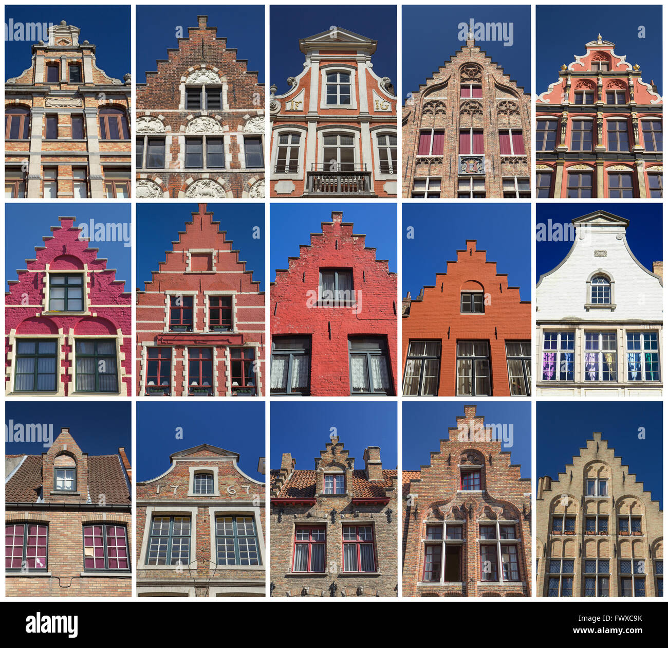 Collage of the gable roofs of the historic houses in Bruges (Belgium ...