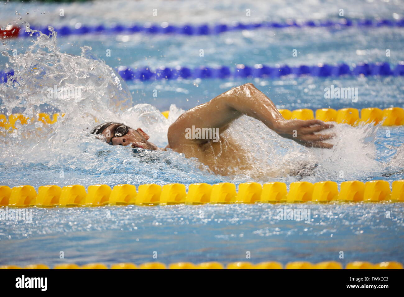 Hamdan Sports Complex, Dubai, U.A.E. 7th April, 2016. Swimmer competes ...