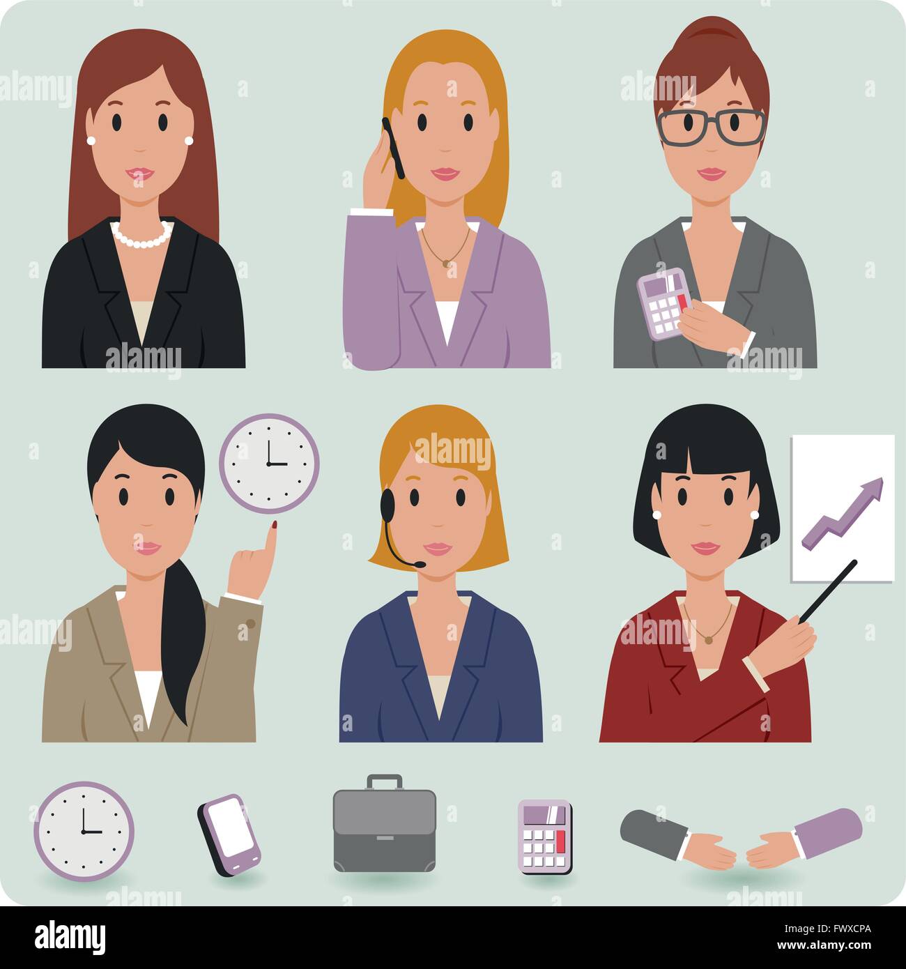 Diverse group of of business women at work and office icons. Vector ...