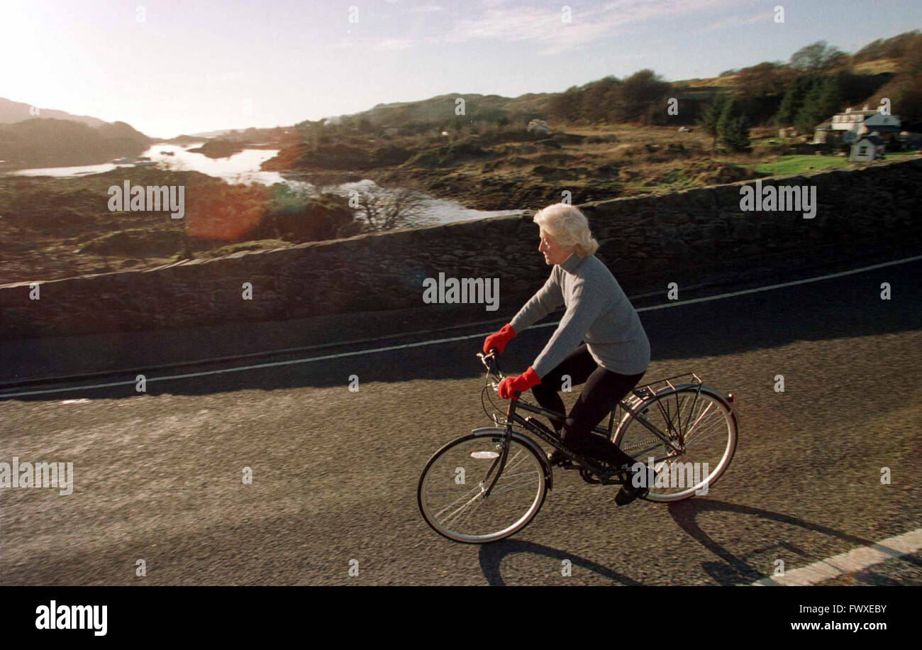 Frances Shand Kydd cycling near her home on Seil Island, Argyll ...